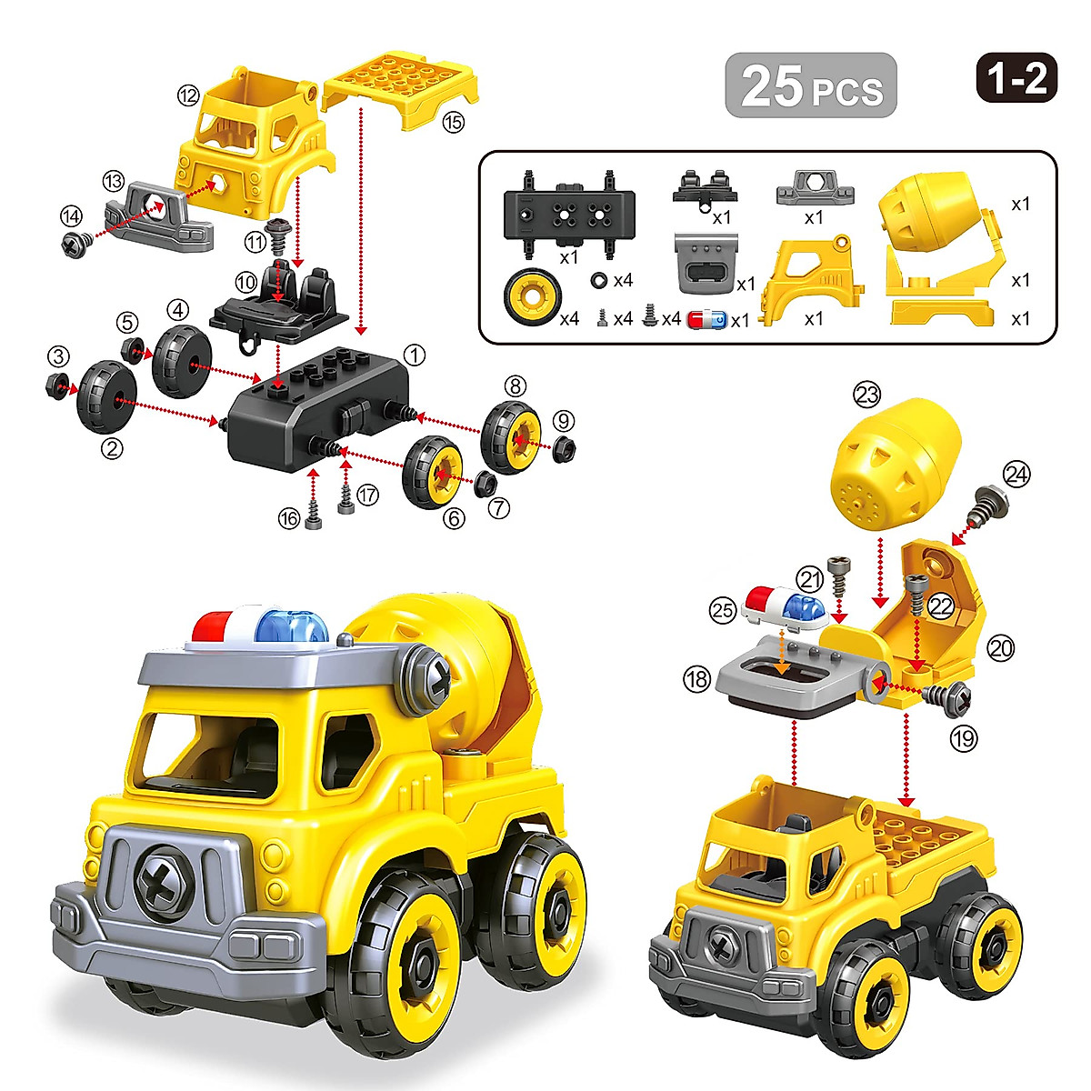 4-in-1 Take Apart Car Toys for Boys, DIY Engineering Construction Truck Toy Vehicle - Dump Truck, Cement Mixer, Excavator, Crane, Kids Building Educational Toy Gift for Age 3 4 5 6 7 8 Year Old Girls