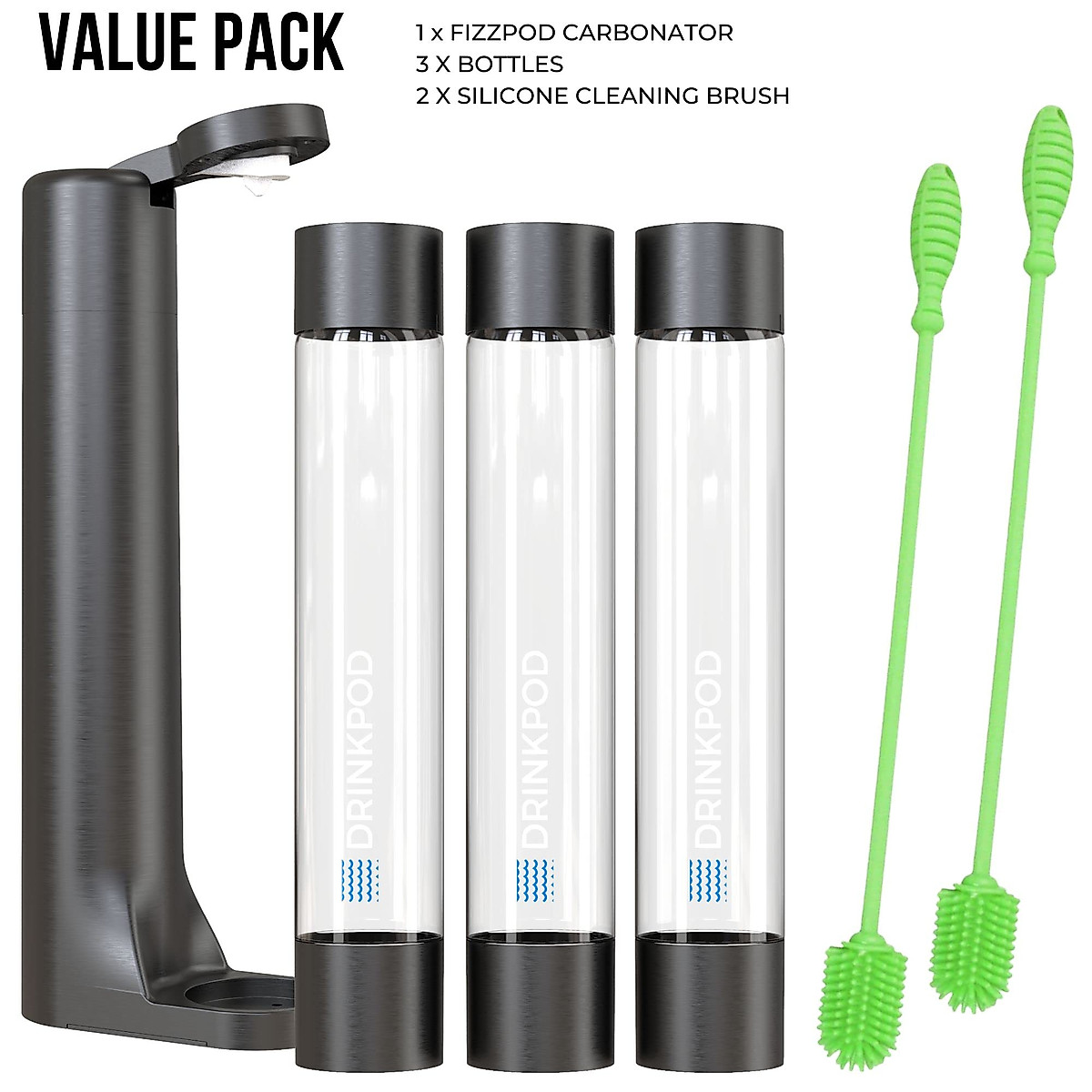 Fizzpod Home Soda Maker Sparkling Water Carbonator With 3 Bottles and 2 Bottle Brushes (Black)
