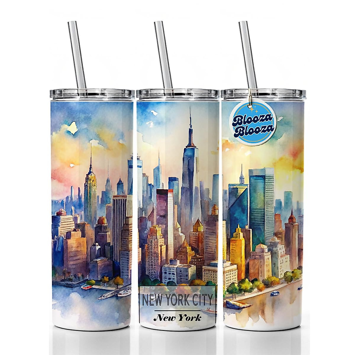 New York City NYC Travel Watercolor Skinny Tumbler 20oz with Straw Insulated Water Bottle Gift