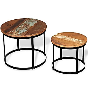 QJBSAVVA Two Piece Coffee Table Set Solid Reclaimed Wood Round 15.7"/19.7",Industrial Tables Floor Standing Table Cocktail Table Suitable for Meeting Rooms, Reception Rooms, Offices