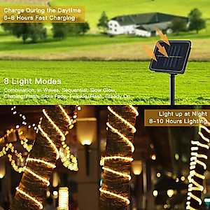 Eueasy 130 LED 42.7ft Solar Rope Lights for Outside with Waterproof PVC Tube,Solar String Lights,Outdoor Decor for Garden, Patio, Fence, Deck, Sidewalk, and Pathway in Warm White