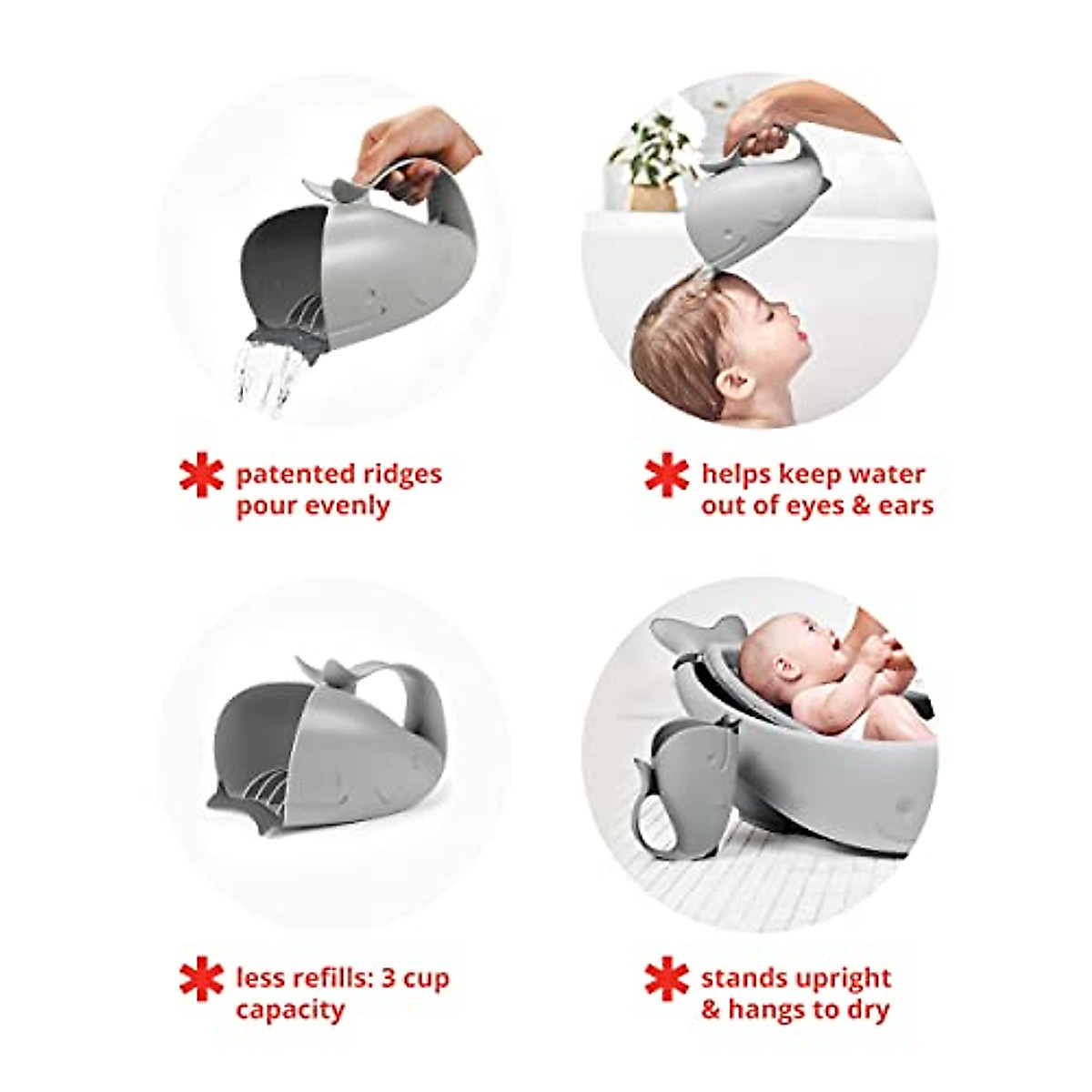 Skip Hop Baby Bath Rinse Cup, Moby Tear-free Waterfall Rinser, Grey