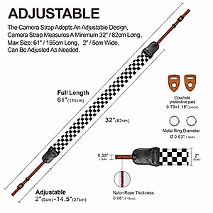 Black and White Plaid Camera Strap - 2"Wide with Double Layer Cowhide Head,Personalized Cotton Camera Shoulder Straps,Grid Pattern Adjustable Camera Neck Strap for all Cameras,Gift for Photographers