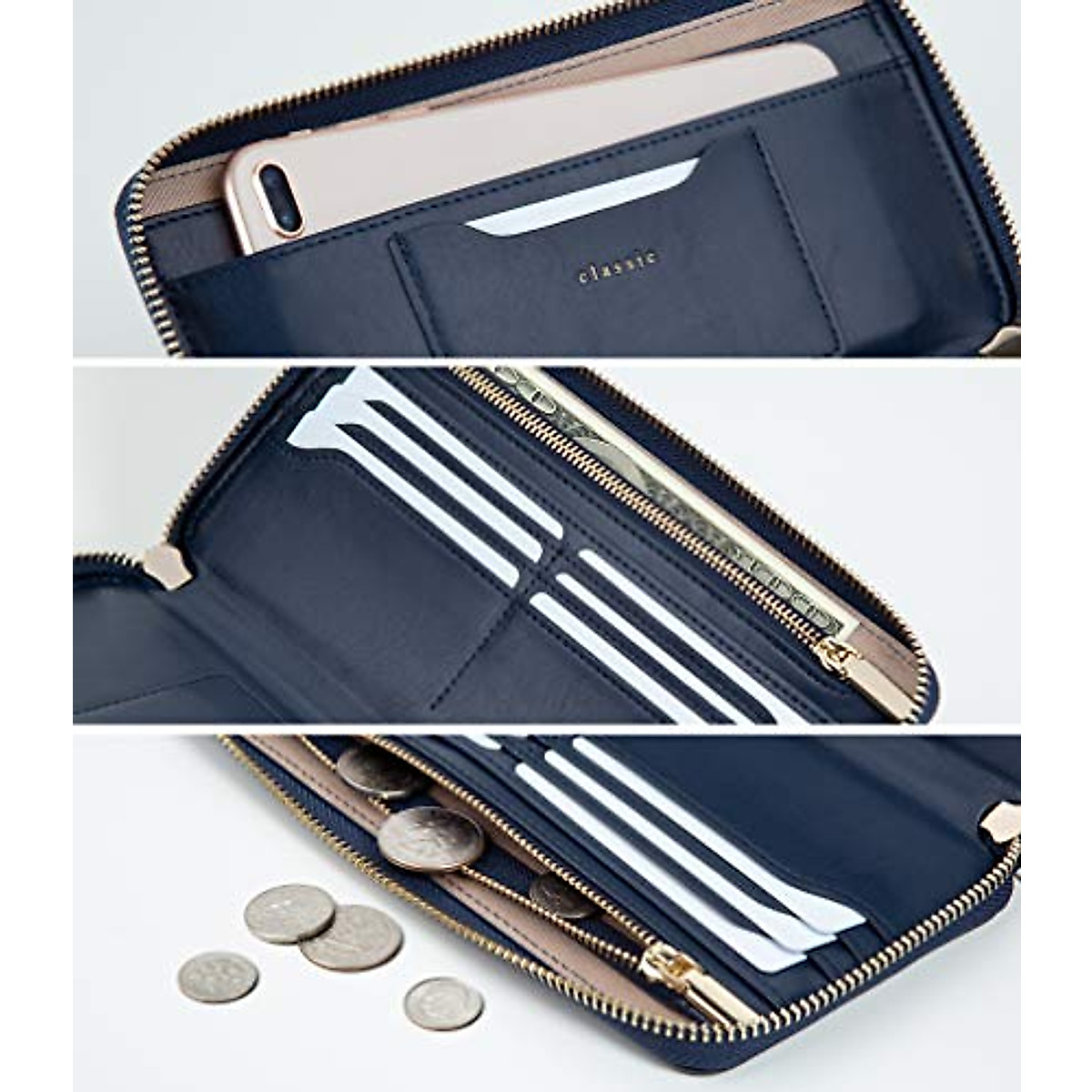 SERMAN BRANDS Women's Classic Clutch Wallets for Women RFID Blocking. Blue Purse Card Wallet w. Phone Holder (Prestige)