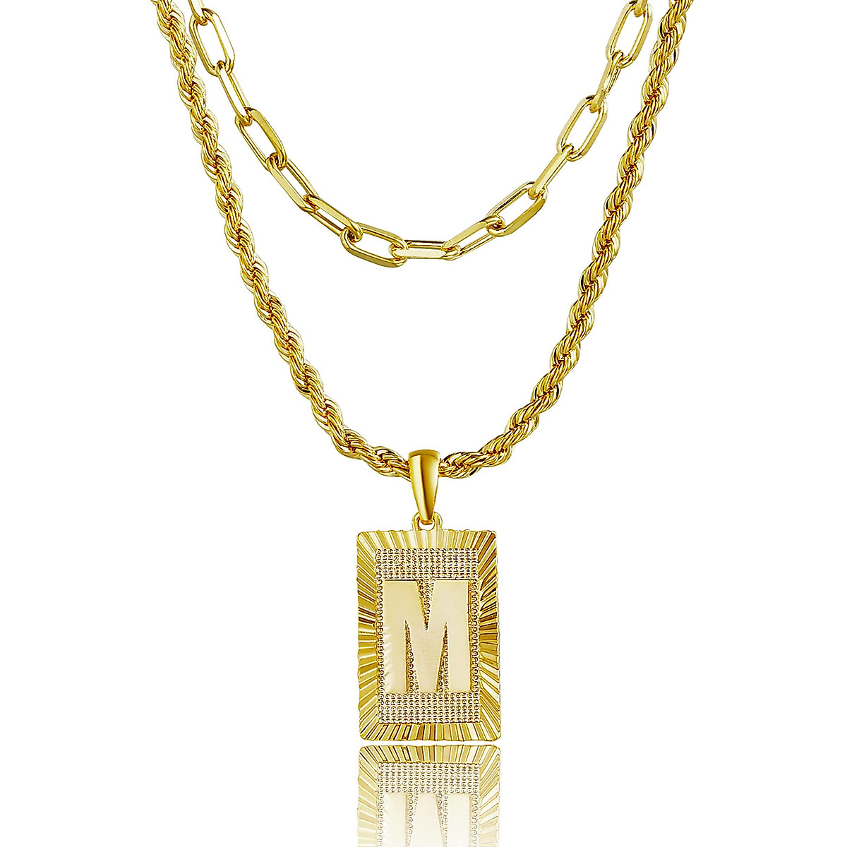 Tasiso 14K Gold Layered Initial Pendant Necklace Layering Paperclip Chain Choker Necklace for Women Dainty Square A-Z Alphabet Letter Necklace Jewelry Gifts M