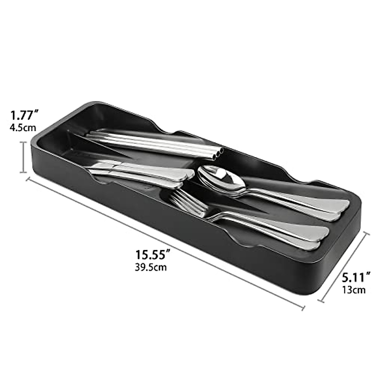 Compact Silverware Drawer Organizer, Cutlery Tray and Utensil Holder, Sturdiness and Non-slip Feet, Classic Small Kitchen Drawer Organizer Box Set for Flatware and Knifes Partition Storage (Black)