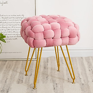 Square Velvet Vanity Stool, Upholstered Ottoman Foot Rest with Adjustable Metal Legs, Makeup Ottoman for Bedroom, Dressing Room, Living Room, Pink