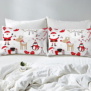 Cute Cartoon Penguin Fitted Sheet Merry Christmas Bed Sheets Full Size Santa Claus Gifts Bed Set Happy New Year Xmas Bedding Set 3 Piece Christmas Elk Christmas Themed Bedding