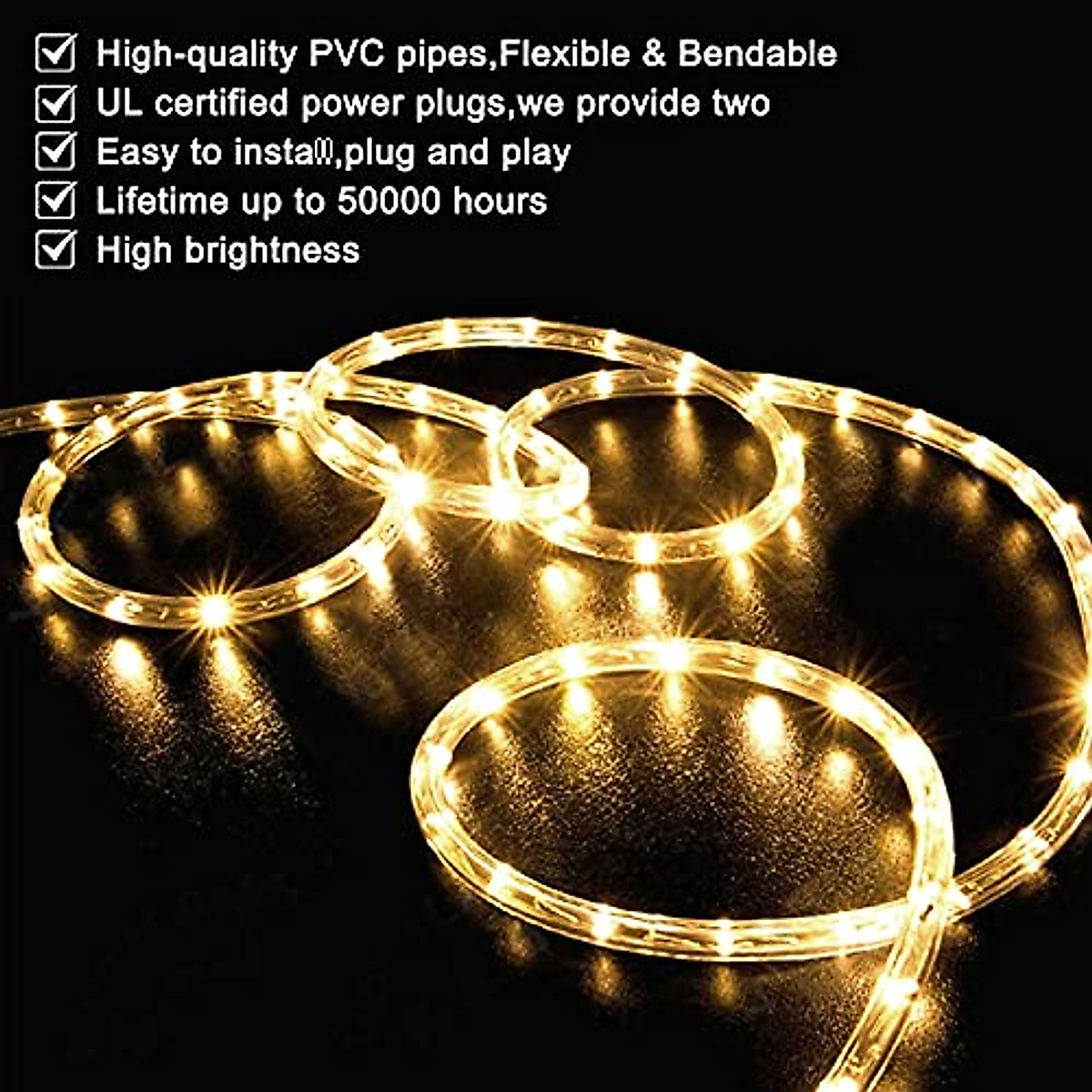 LED Rope Lights Outdoor Warm White - Waterproof 50ft SURNIE Cuttable 3000K Soft Lighting Indoor 110V Plug Connectable Flexible Thick Clear Tube for Bedroom Outside Garden Deck Patio Camping Decor
