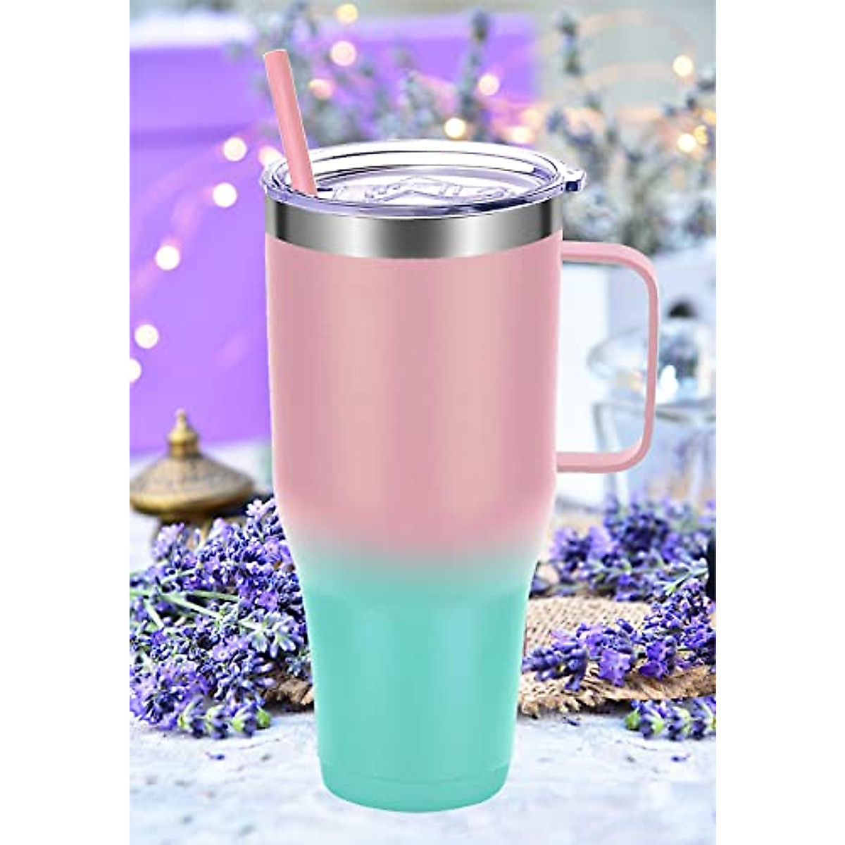 Merfefe 40oz Insulated Coffee Tumbler with Handle.40 oz Tumbler with Handle and Lid and Straw.Keep Drinks Cold Hot.Easy to Hold,Sweat Proof,Leak Proof,Dishwasher Safe.