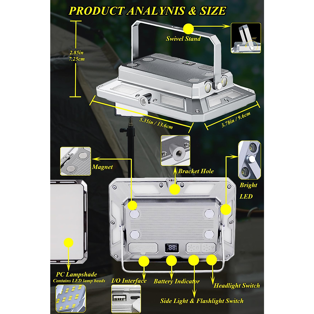 V VILISUN LED Camping Work Lantern, Multifunctional Camping Lights, Battery Powered 4000mAh, 7 Light Modes, IP44 Waterproof, Rechargeable Light with Magnet for Outdoor, Emergency, Fish, Hiking