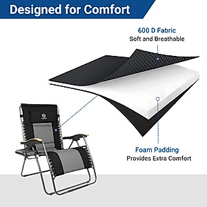 Coastrail Outdoor Zero Gravity Chair Oversized XXL 33.5" Patio Padded Reclining Lounger with Pillow, Side Table for Camping, Lawn, Garden Black/1pack