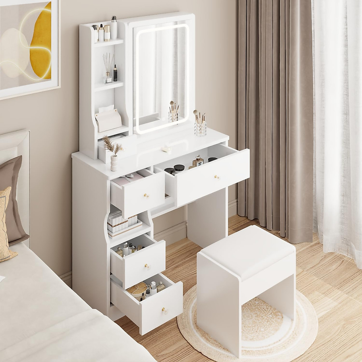 Elevon Small Makeup Vanity Desk with Sliding Mirror LED 3 Lighting Adjustable, Vanity Table Set with 5 Storage Drawer & Chair & Shelves Bedroom Furniture, White