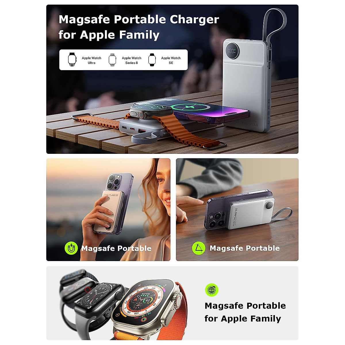 LISEN Portable Charger iPhone Power Bank for Magsafe Battery Pack, 10000mah Power Bank Fast Charging 22.5W Built-in Cable for Magsafe Portable Charger Fits iPhone 15 Pro Max Plus 14 13 12 Apple Watch