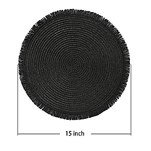 FunWheat Paper Round Braided Placemats Set of 6 for Dining Tables 15 Inch Heat Resistant Table Mats Farmhouse Woven Fabric Natural Place mats for Decoration with Tassel(Black)