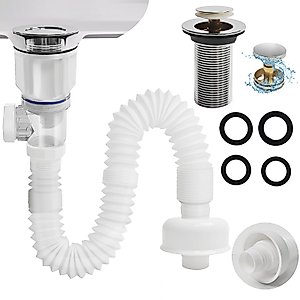 Bathroom Sink Drain Pipe Kit,Bathroom Sink Drain with Strainer Basket Hair Catcher and pop-up Stopper Flexible Sink Drain Pipe P-Trap，Suitable for drains Including for 1-1/4'' & 1-1/2''，RuQiankun
