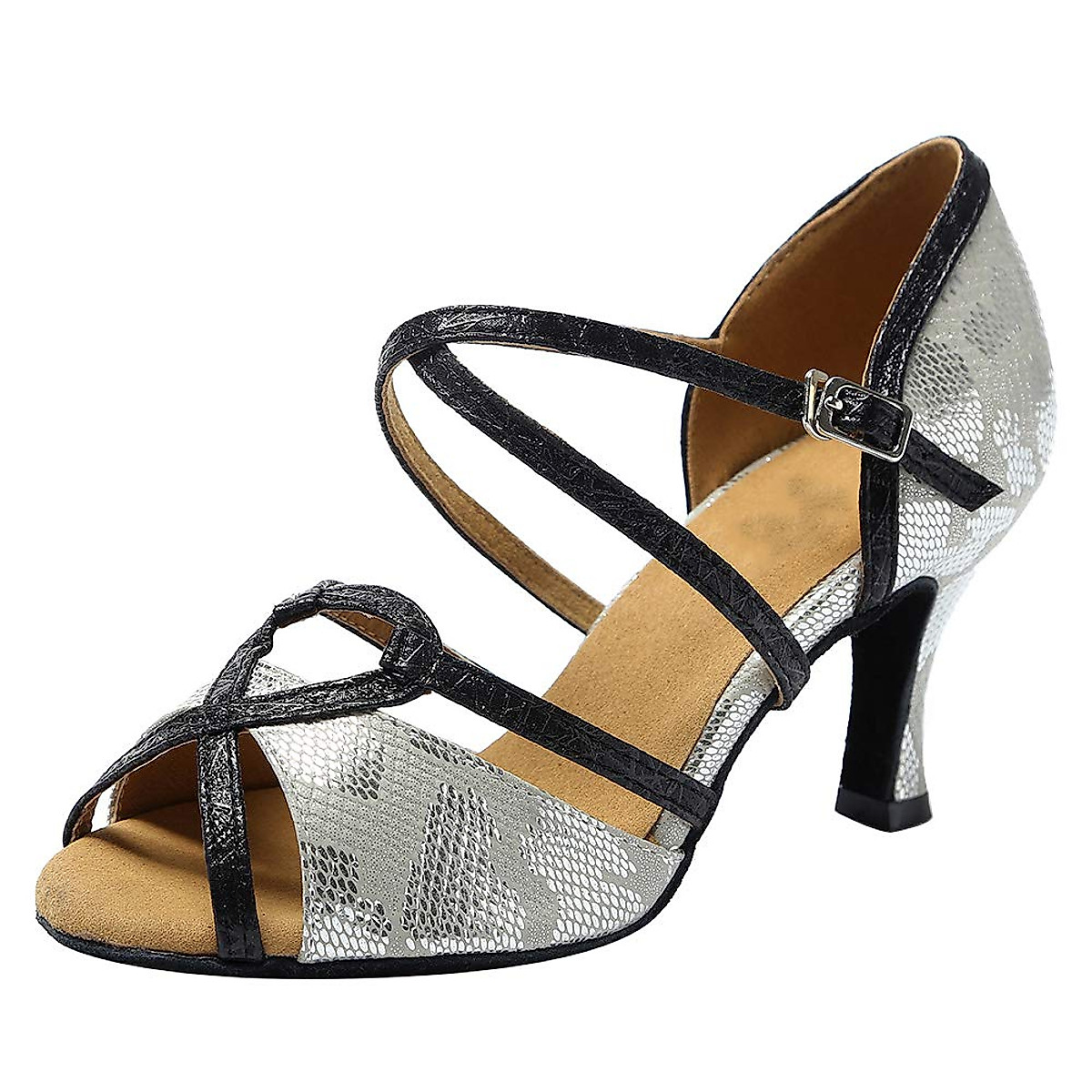 HROYL Latin Dance Shoes For Women Low Heel Ankle Strap Latin Salsa Bachata Shoes Performance Dance Shoes,YCL215-Silver grey-4.5,US5.5