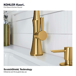 Kohler R28706-SD-2MB Kaori Single Handle Kitchen Faucet with Pull Down Sprayer and Soap Dispenser, Vibrant Brushed Moderne Brass
