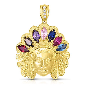 Floreo 10k Yellow Gold Multi Color Gemstone and CZ Native American Indian Tribal Chief Head Pendant, Medium (1.7 x1.2 inch)