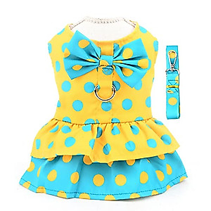 SMALLLEE_LUCKY_STORE Dog Harness Dress with Leash Set,Puppy Bow Princess Dress for Small Medium Dog Cat Girls Puppy Dress with D-Ring Female Dog Clothes Summer Pet Apparel,Yellow Retro Polka Dots,S