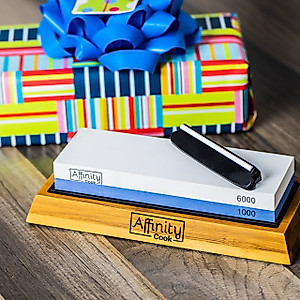 Premium Whetstone knife sharpener kit by Affinity Cook- Professional Japanese sharpening stone with 2 side grit 1000/6000- A natural non-slip bamboo base with BONUS angle guide