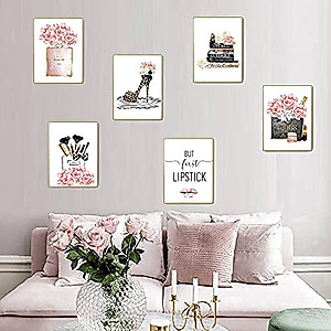 IEVEY Pink Wall Decor Prints（6pcs）, Paris Decor for Bedroom,Pink Bathroom Decor Modern Art Posters,Perfume Lipstick Makeup Cuadros Para Baños Artwork Girls Room