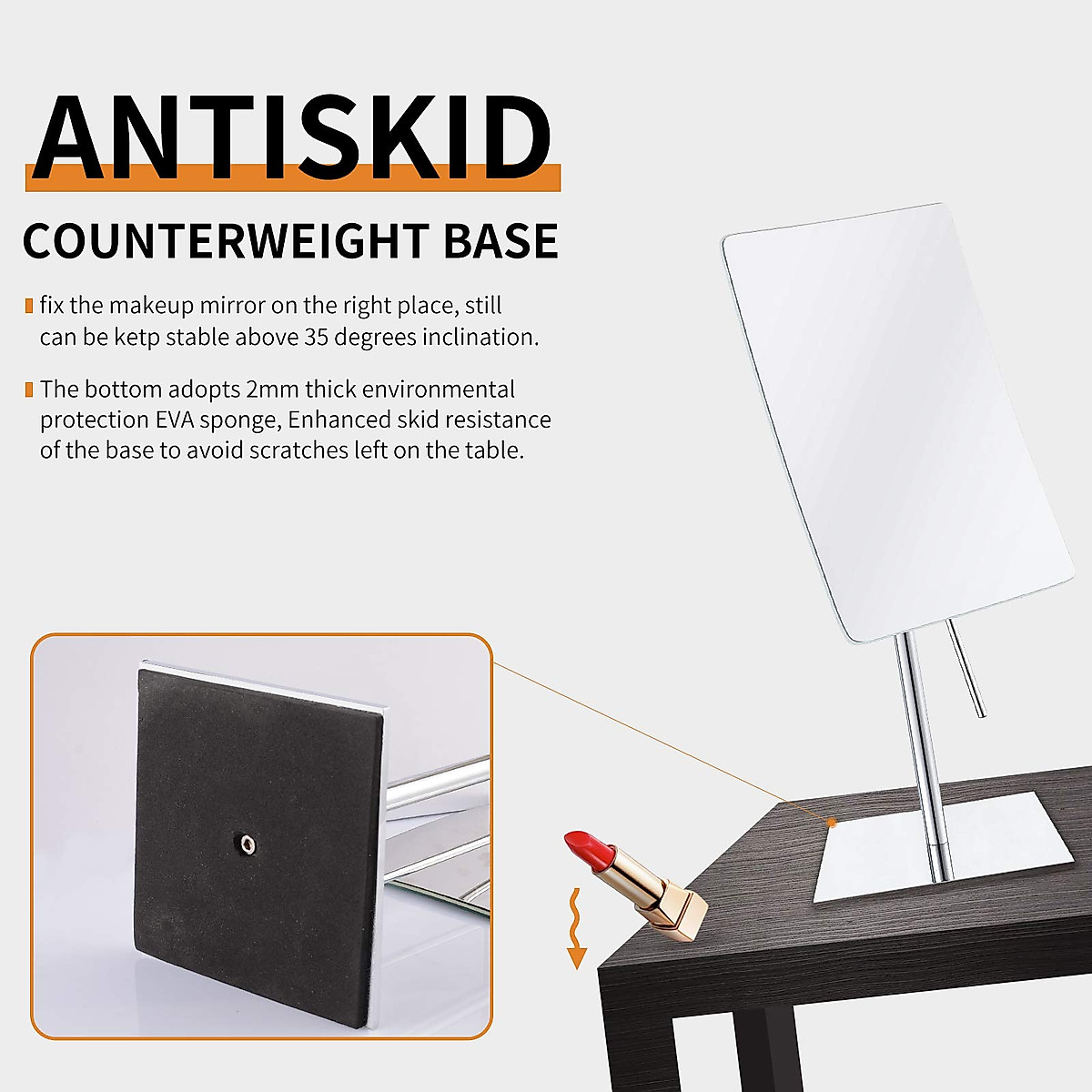 GURUN Frameless Rectangle Tabletop Vanity Mirror Single Side Adjustable Easy Positioning 5X Magnification 304 Stainless Steel Chrome Finish 2234（Chrome,5X