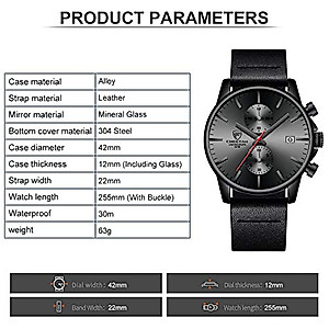 GOLDEN HOUR Men's Fashion Sport Quartz Watches with Black Leather Strap Waterproof Chronograph Watch, Auto Date in Red Hands