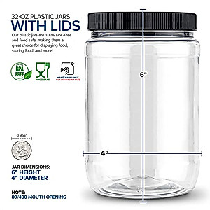 Stock Your Home 32 oz Plastic Jars (6 Pack) - BPA Free Plastic Mason Jars for Kitchen - Pantry Jars with Airtight Lids for Storing Rice, Pasta, Coffee, Grains, Candy, Cookies
