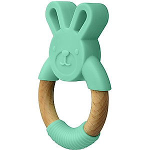 LittleFoot Nation Organic & Natural Bunny Rabbit Baby Teether Ring, 100% BPA Free Pure Food Grade Silicone & Beech Wood, Teething Pain Relief Toy for Toddlers & Infants (Green)