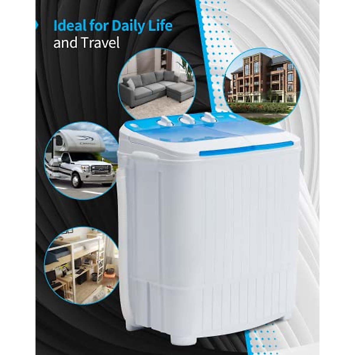 TABU 16.5Ibs Portable Washing Machine, Compact Washer Machine, Mini Washing Machine, Twin Tub Washer and Spiner, Ideal for Dorms, Apartments, RVs, Camping etc (White & Blue)