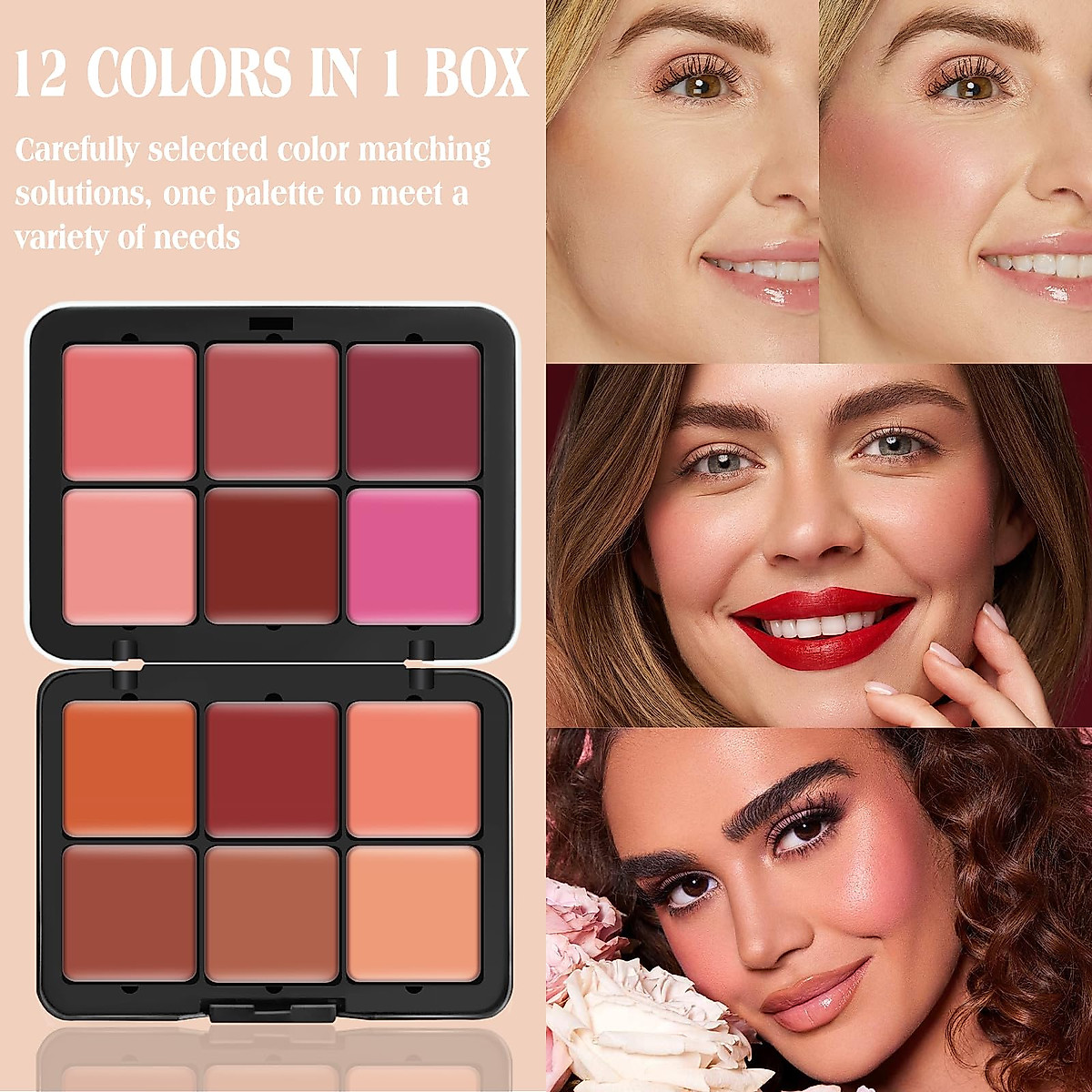 LSxia 12 Colors Cream [Blush] Makeup Palette for Cheeks - Multi-functional Blush Makeup Palette with Brush, Natural Matte Long Wearing, Waterproof Blendable Face Makeup Palette (#01)