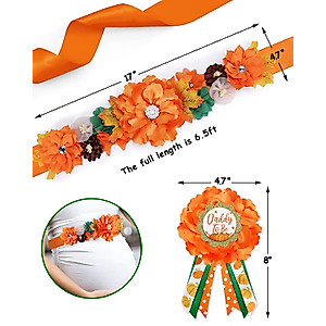Pumpkin Maternity Sash Mom to Be & Daddy to Be Baby Shower Corsage Set Fall Pumpkin Sash and Pins for Baby Shower Gender Reveal Keepsake Photography Pregnancy Flower Belly Belt Souvenir Supplies