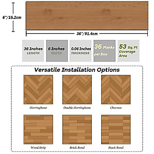 Oxdigi Peel and Stick Floor Tile 36" x 6"x 36 Packs/ 54 Sq.Ft, Thicken Wood Plank Flooring Self-Adhesive Waterproof for Kitchen Living Room RV, Easy DIY Floor Stickers, Brownish