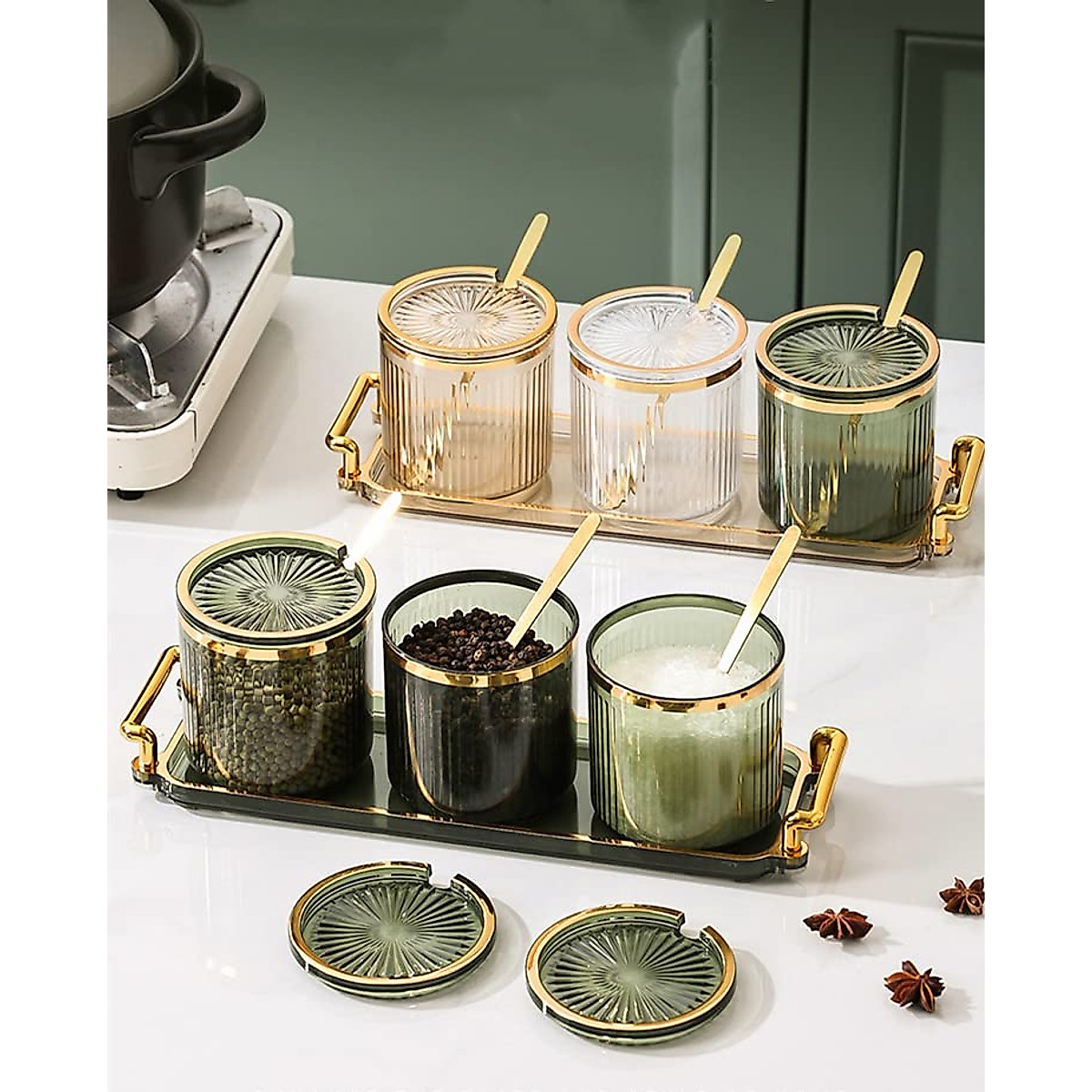 Acrylic Condiment Spice Jars,Condiment Spice Box With Lids and Spoons and Tray,Clear Plastic Condiment Canisters,Seasoning Box 3 Pack,Seasoning Box Set for Kitchen to Storage Salt,Paprika,Sugar