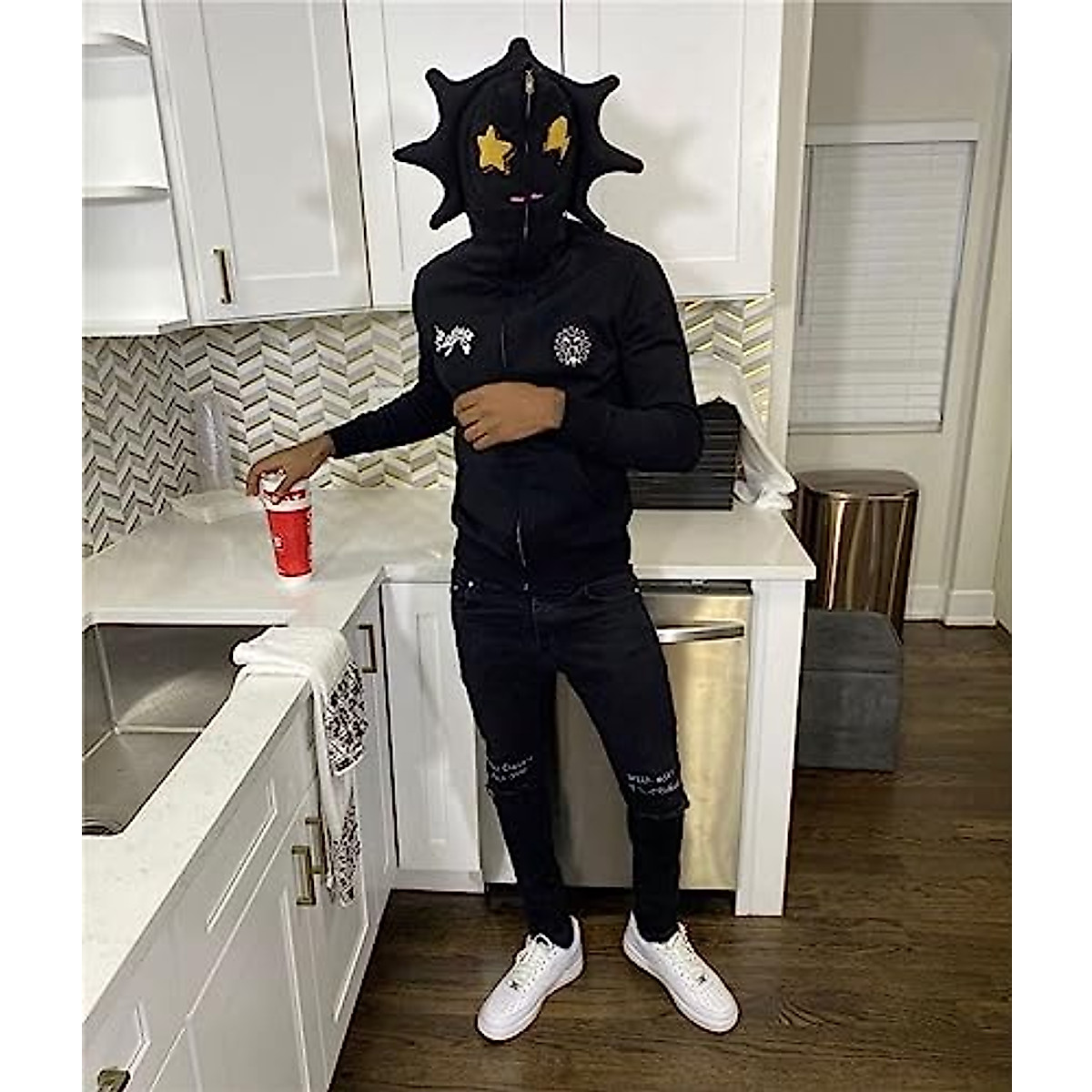 Cbsdezanos Womens Y2k Full Zip Up Hoodie Over Face Star Graphic Oversized Sweatshirt Aesthetic Punk Goth Jacket Streetwear (A Black, XL)