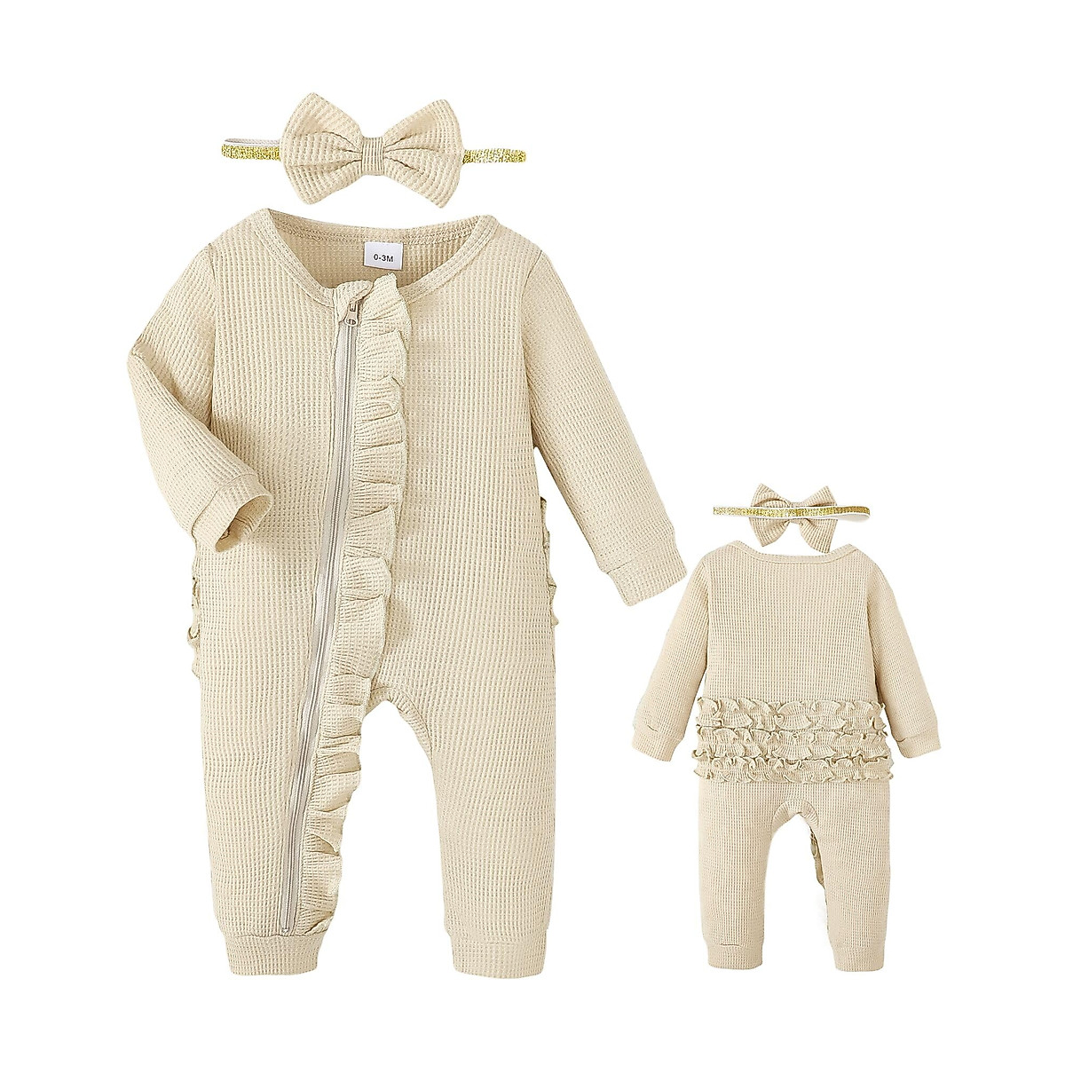 Mikrdoo 3-6 Month Baby Girl Clothes One-sies Sleeper Fall Winter Outfits Long Sleeve Little Girls' Clothing One-Piece Zipper Romper Infant Clothe Set with Headband for 3-6M Baby Apricot