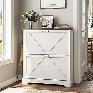 Smart FENDEE Shoe Cabinet, Shoe Storage Cabinet with 2 Flip Drawers, Narrow Shoe Cabinet Storage for Entryway, Farmhouse Shoe Organizer Cabinet with Wooden Feet, Slim Shoe Rack Cabinet, White