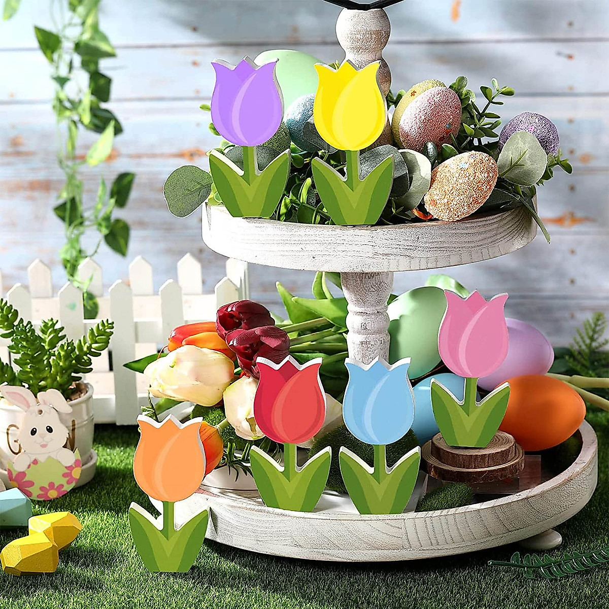6 Pcs Easter Wooden Tulips Tiered Tray Decor Farmhouse Wood Tulips Table Decorations Spring Tiered Tray Decor Easter Wooden TulipsSign for Shelf Tabletop Easter Party Home Tie Trays (Pink, One Size)
