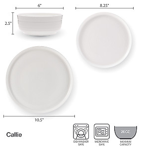 Mikasa Callie Bone China Lightweight Chip Resistant 12 Piece Dinnerware Set, Service for 4, White
