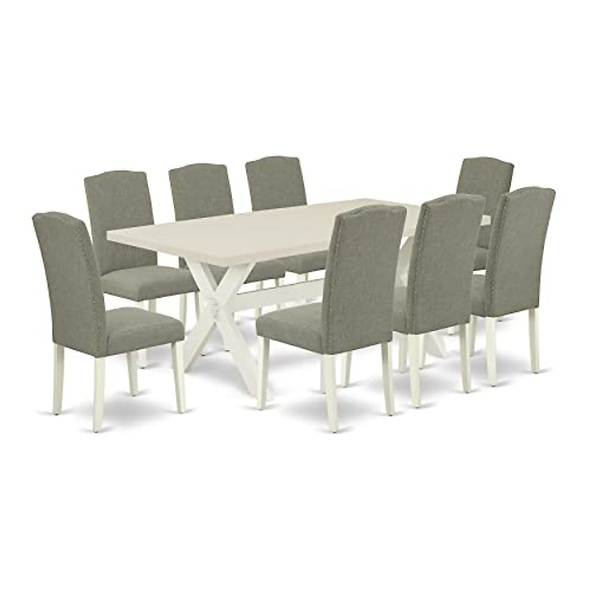 East West Furniture X027EN206-9 9-Piece Dinette Set - a Beautiful Modern Dining Table - 8 Lovely Parson Dining Chairs Nail Heads and High Back (Linen White Finish)