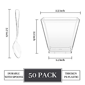 TOFLEN 50 Pack 3.5 oz Plastic Dessert Cups with Spoons for Party, Mini Square Dessert Cups for Yogurt, Parfait, Pudding, Jello and Appetizers, Dessert Shooters