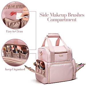 Prokva Large Makeup Cosmetic Bag with 3 Removable Case, Double Layer Travel Makeup Organizer Case with Inner Dividers and Makeup Brushes Storage Section, Pink (Patented Design)