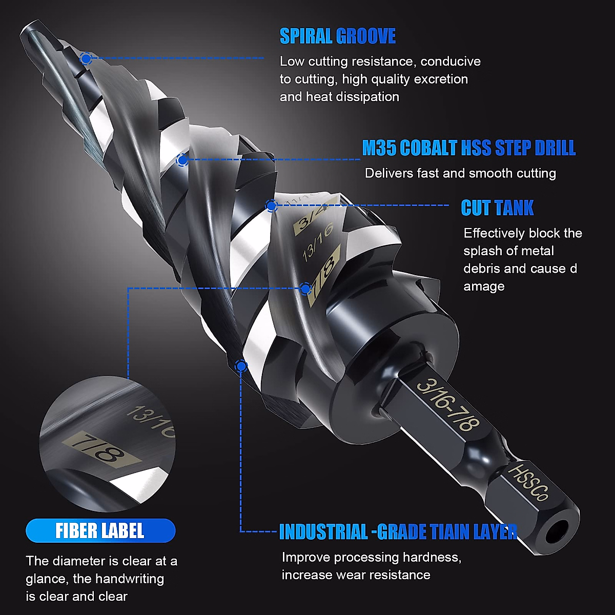 M35 Four Spiral Flute Step Drill Bit Set 1/8"-7/8"(3 pcs), 1/4" Hex Shank Drill for Working Metal, Impact Resistant M35 Cobalt Step Drill Bit, for Stainless Steel, Wood, Aluminum, Plastic