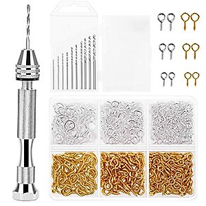 Pin Vise for Resin Casting Molds, Shynek Hand Drill for Jewelry Making Resin Tools Includes 1Pcs Push Hand Drill 10Pcs Drill Bits 480Pcs Eye Screws for DIY Keychain (Gold+Silver)