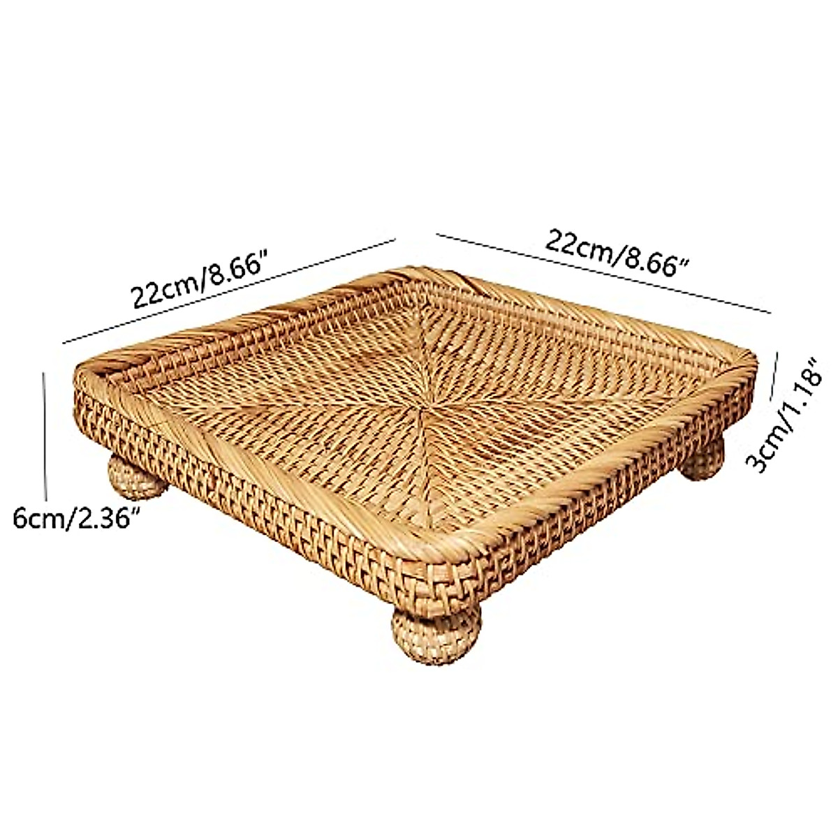 9 Inch Rattan Serving Basket, Square Woven Bowl with 1”Side and Pedestal Stand, Flat Wicker Decorative Snack Basket Trays for Bread, Fruit, Keys, Candy Dish, Rustic Platter, Display Riser, Exxacttorch
