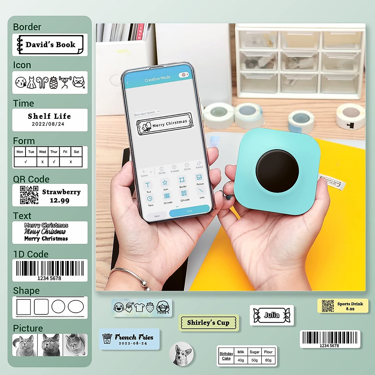Label Maker Machine - Q30S Bluetooth Label Printer for Labeling, Handheld Thermal Sticker Maker for Smartphone, Mini Labeler with 3 Roll Labels Easy to Use for Office Home, Multiple Templates,Green