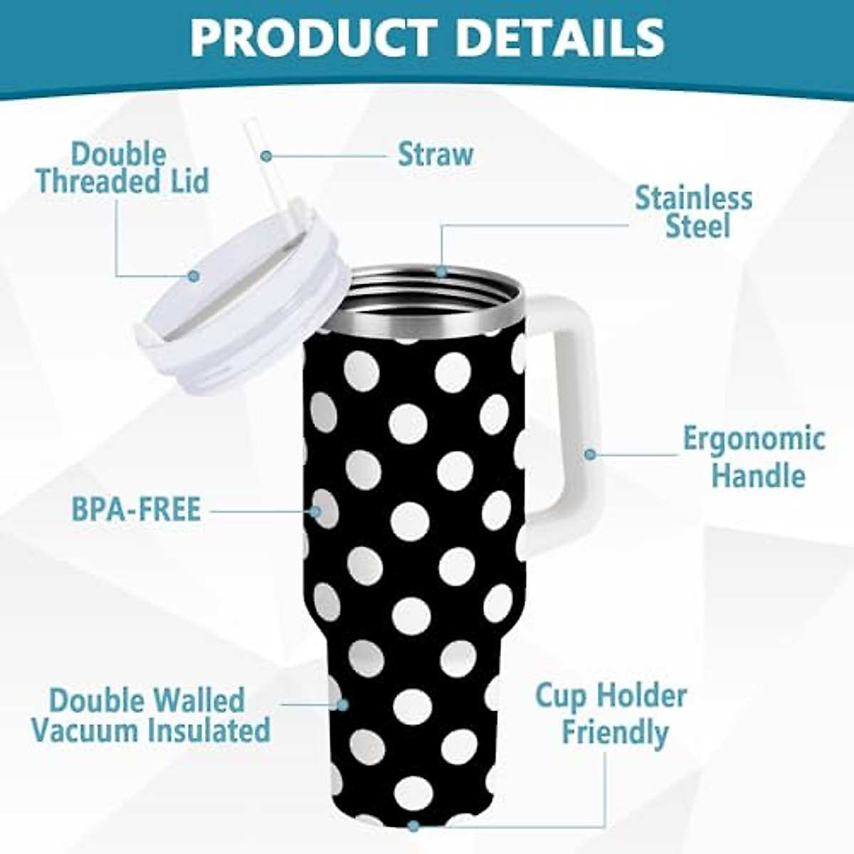 MCHIVER Black White Polka Dots Tumbler with Lid and Straw 40 oz Insulated Water Bottle Leakproof Water Tumblers for Iced Water Coffee Smoothie