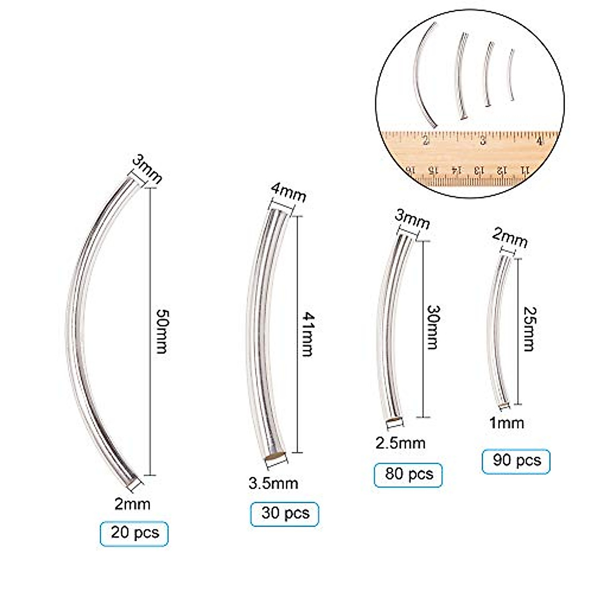 PH PandaHall 220pcs Noodle Tube Beads 4 Sizes Silver Long Curved Tube Noodles Beads Brass Tube Spacer Beads for DIY Wrist Bracelet Anklet Necklace Earring Jewelry Making(50mm, 40mm, 30mm, 25mm)