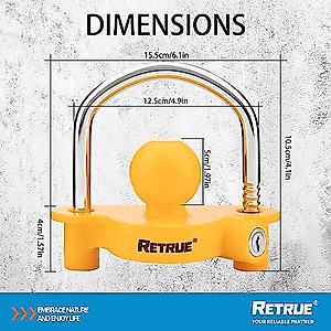 RETRUE Universal Coupler Lock Trailer Locks Ball Hitch Trailer Hitch Lock Adjustable Security Heavy-Duty Steel Fits 1-7/8 Inch, 2 Inch, 2-5/16 Inch Couplers Yellow